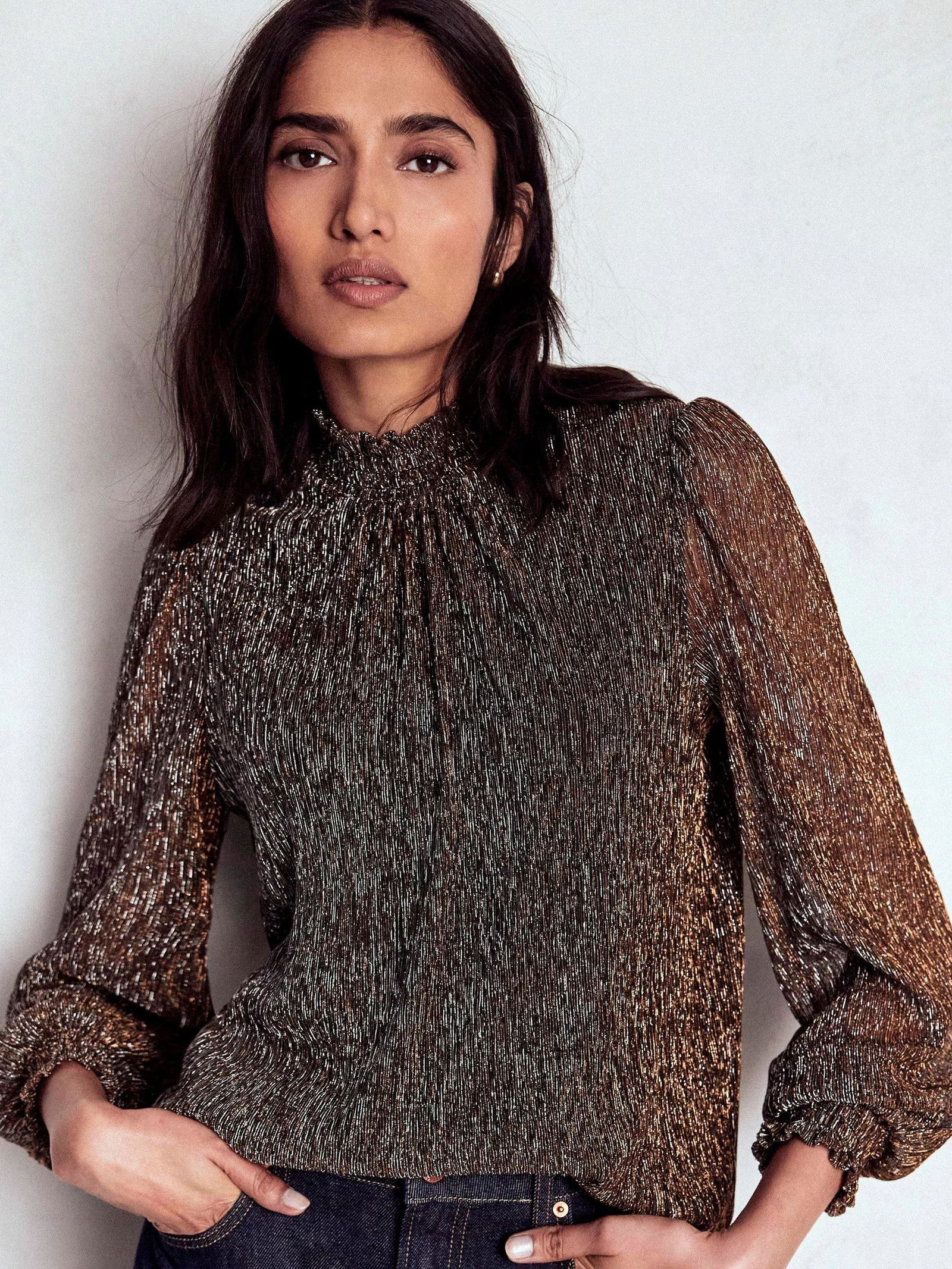 BODEN Long Sleeve High Neck Smocked Top | endource