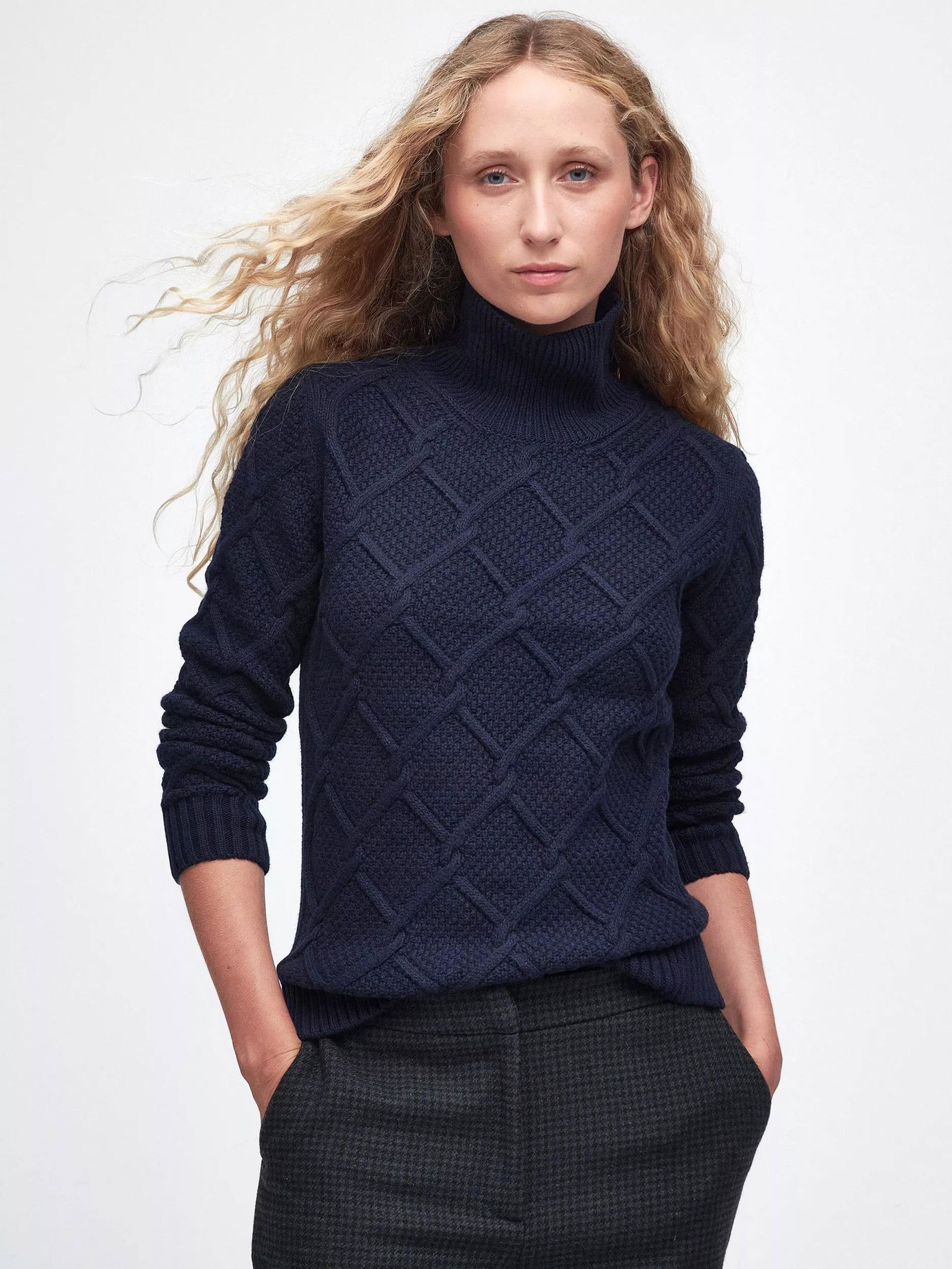 BARBOUR Burne Roll Neck Wool Blend Cable Knit Jumper in Navy | endource