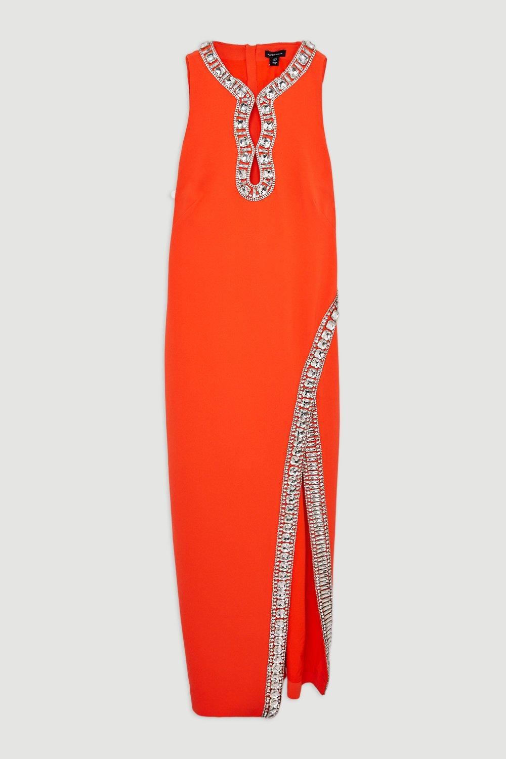 Karen Millen Crystal Embellished Keyhole Midi Dress In Tomato Red
