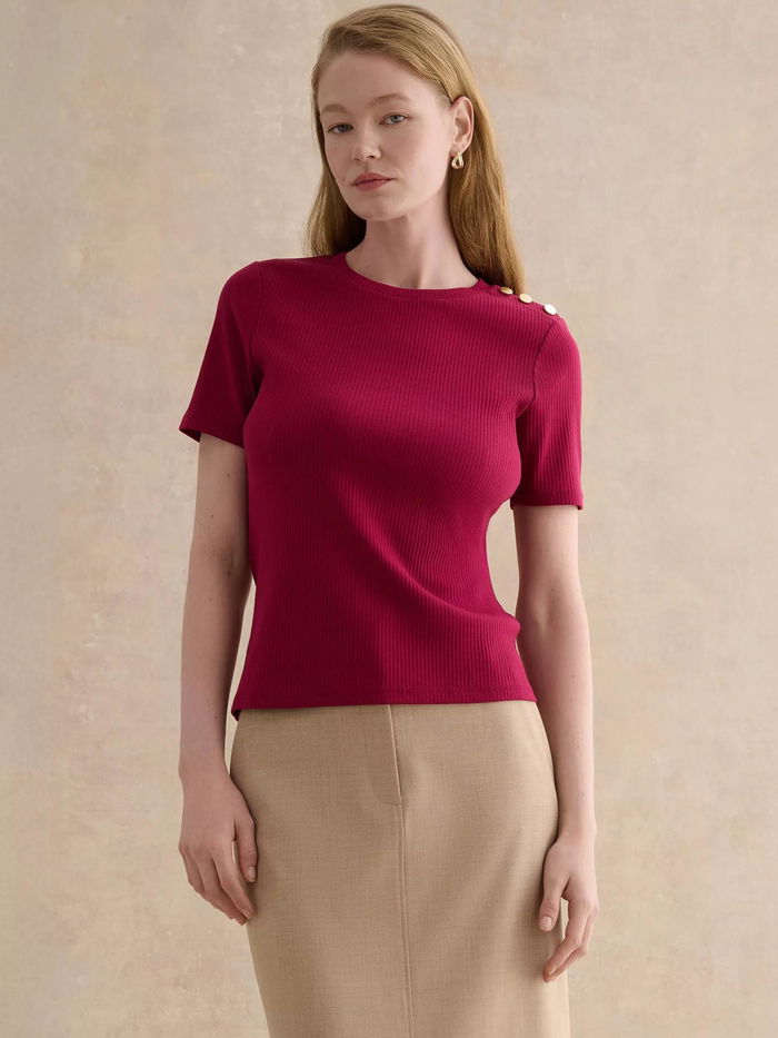 HOBBS Tamsin Button Shoulder T-Shirt, Beetroot Pink | endource