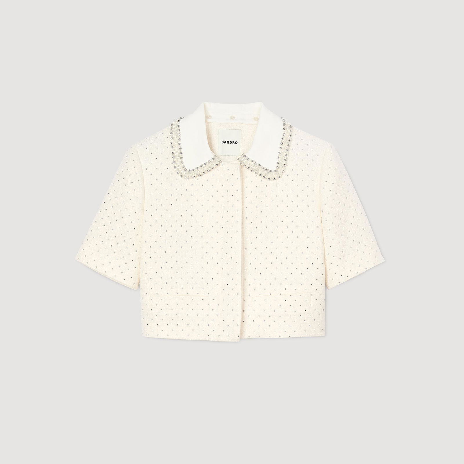 SANDRO Short-Sleeved Rhinestone Jacket in Ecru | endource