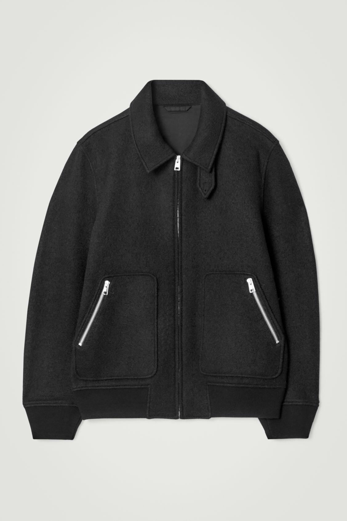 COS Boiled Merino Wool Aviator Jacket in BLACK | endource