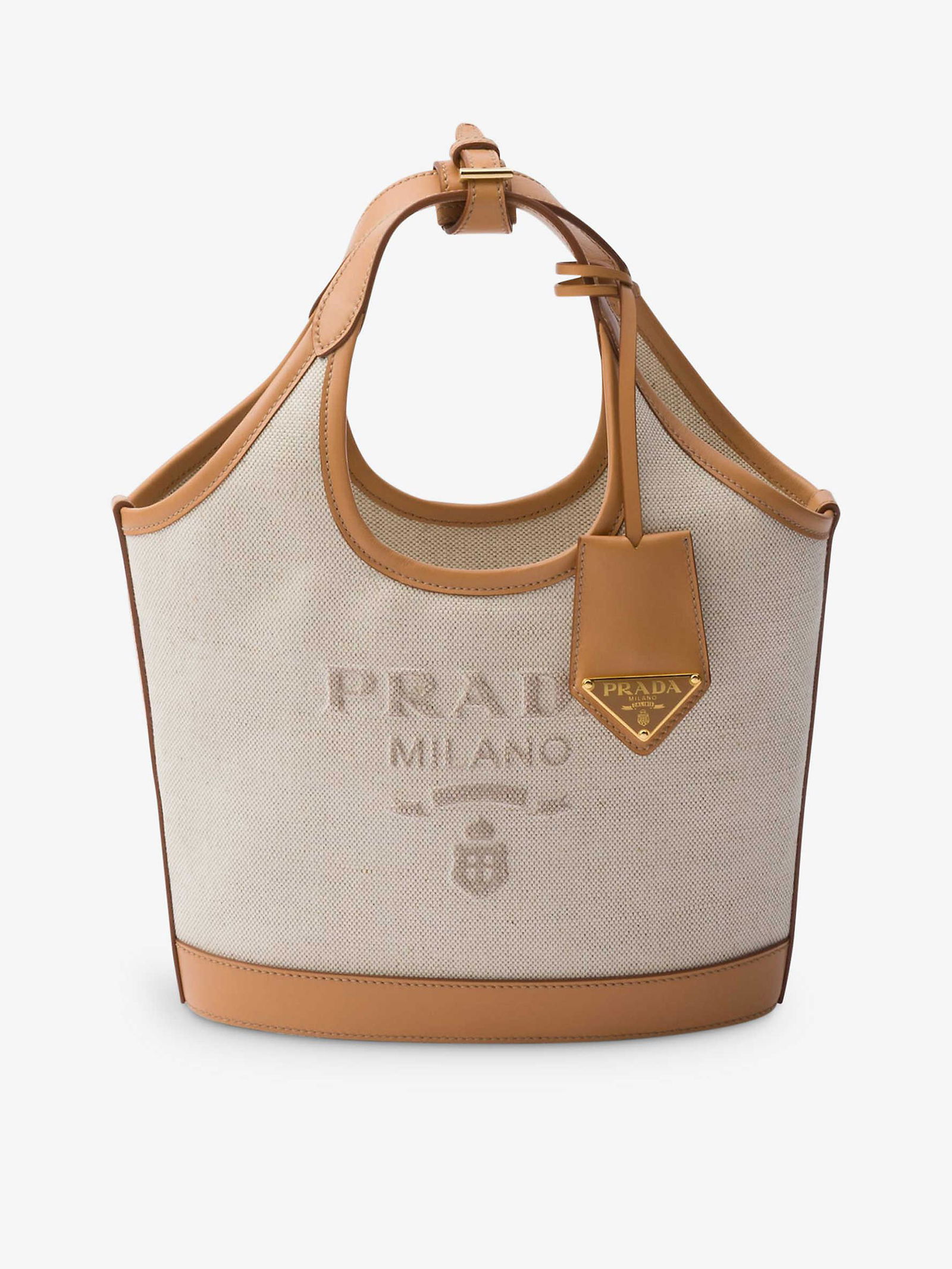 PRADA Logo-Embossed Mini Linen And Leather Tote Bag in NEUTRAL | Endource