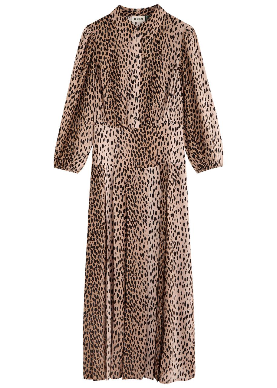 RIXO Izzy Leopard-Print Woven Midi Shirt Dress | endource