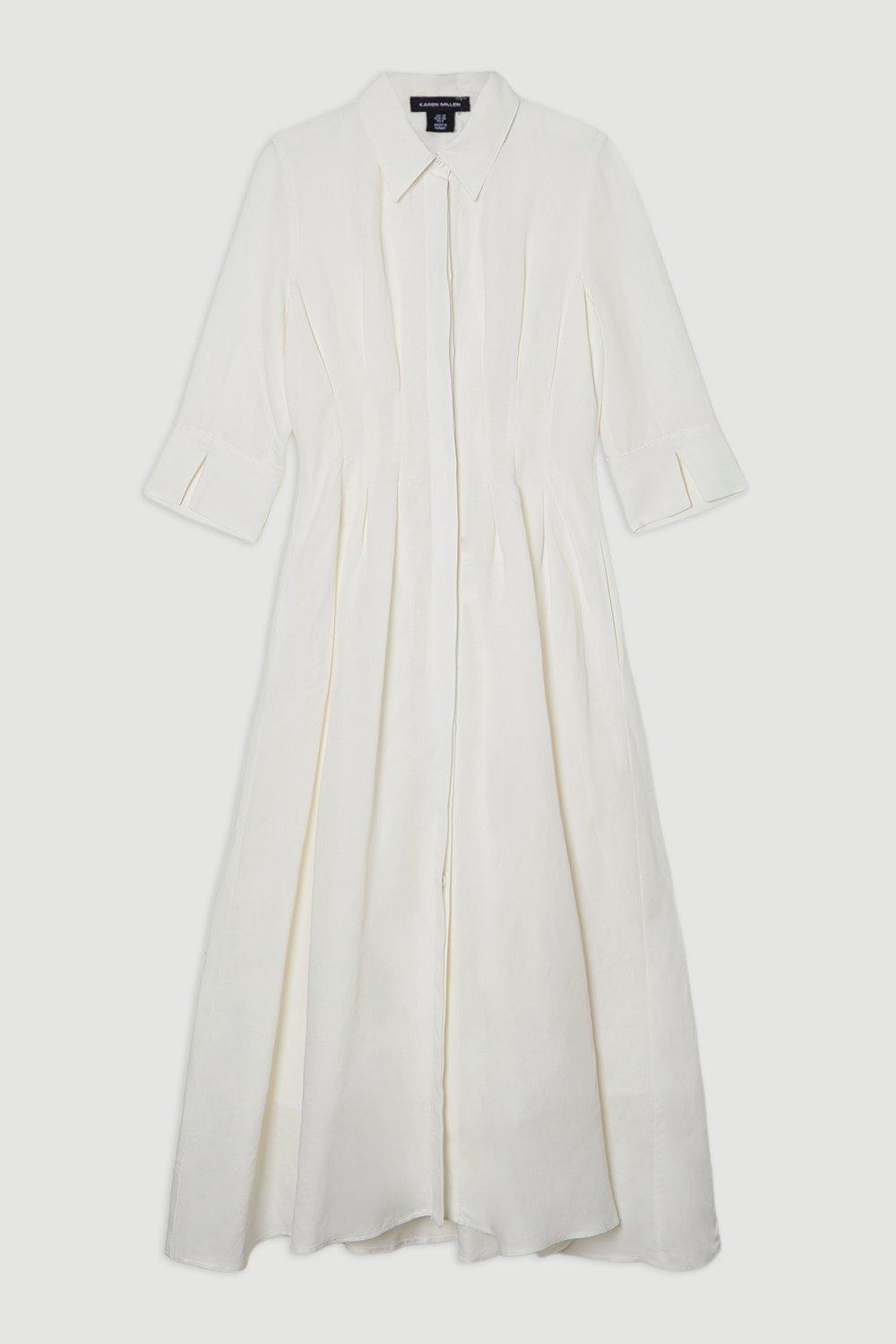 KAREN MILLEN Petite Premium Tailored Linen Darted Waist Midi Dress in ...
