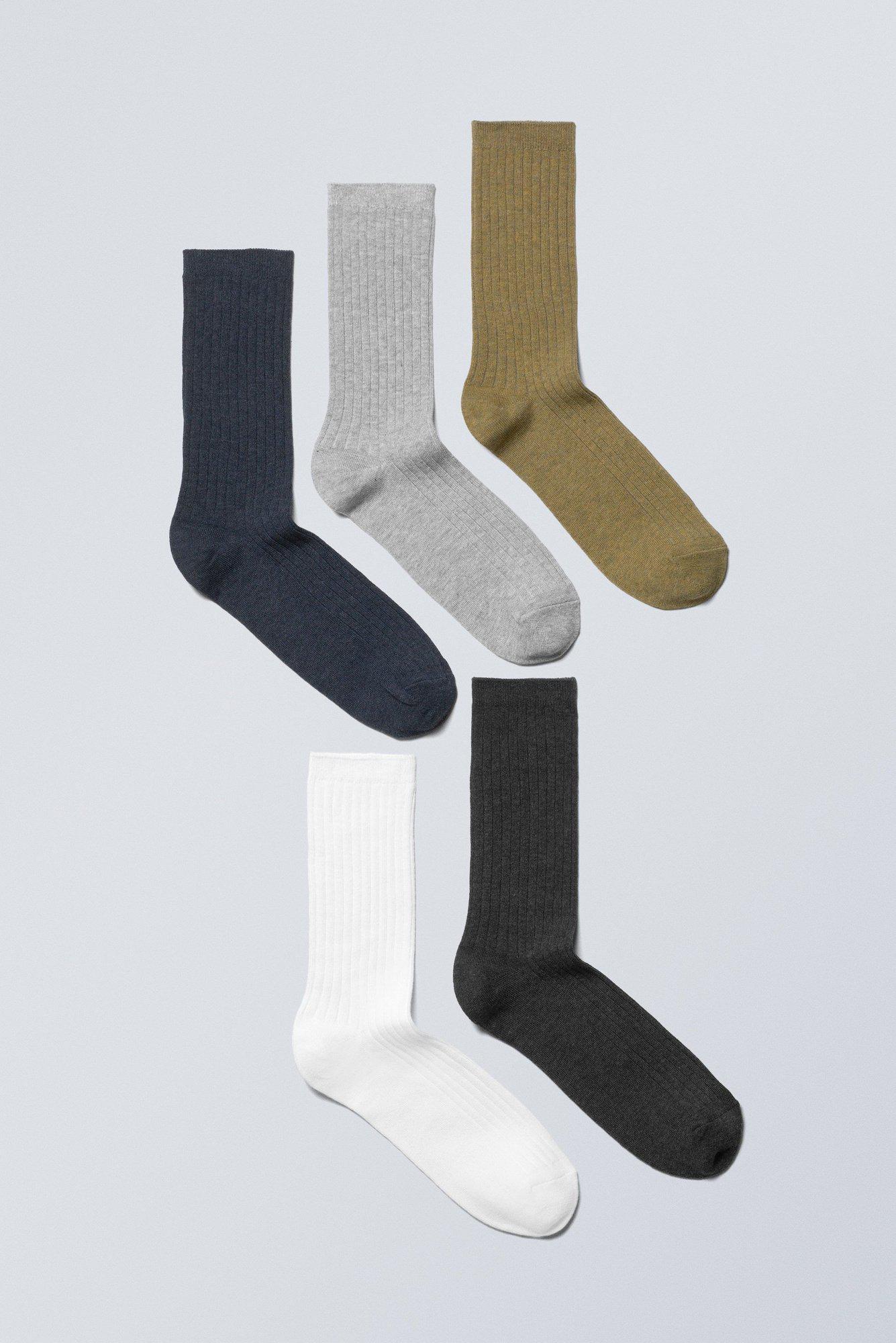 WEEKDAY 5-Pack Rib Socks in Khaki/Blue/Charcoal/Grey/White | endource
