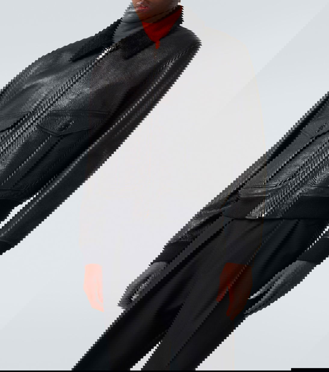 SAINT LAURENT Shearling-trimmed Leather Bomber Jacket | endource