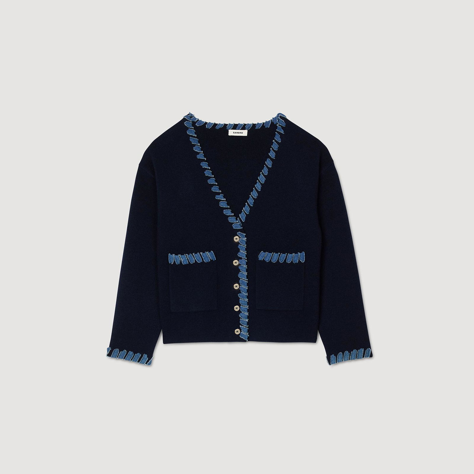 SANDRO Cardigan With Denim Details in Navy Blue | endource