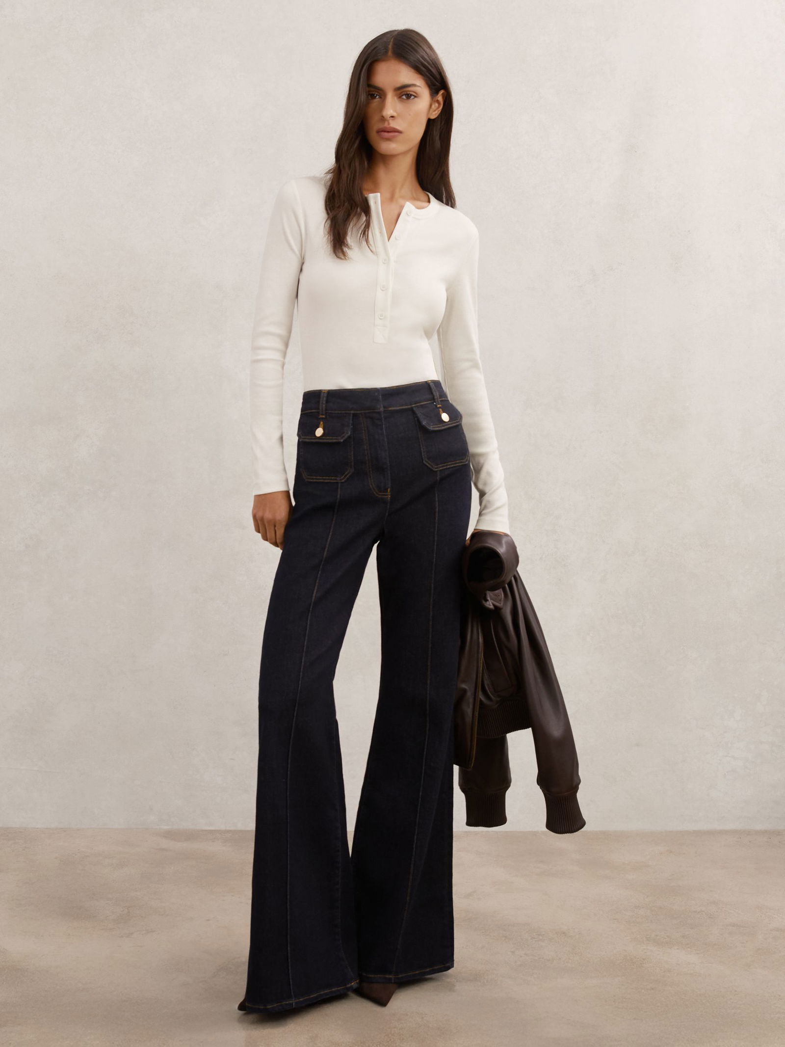 REISS Stretch-Cotton Half-Button Top In White | endource