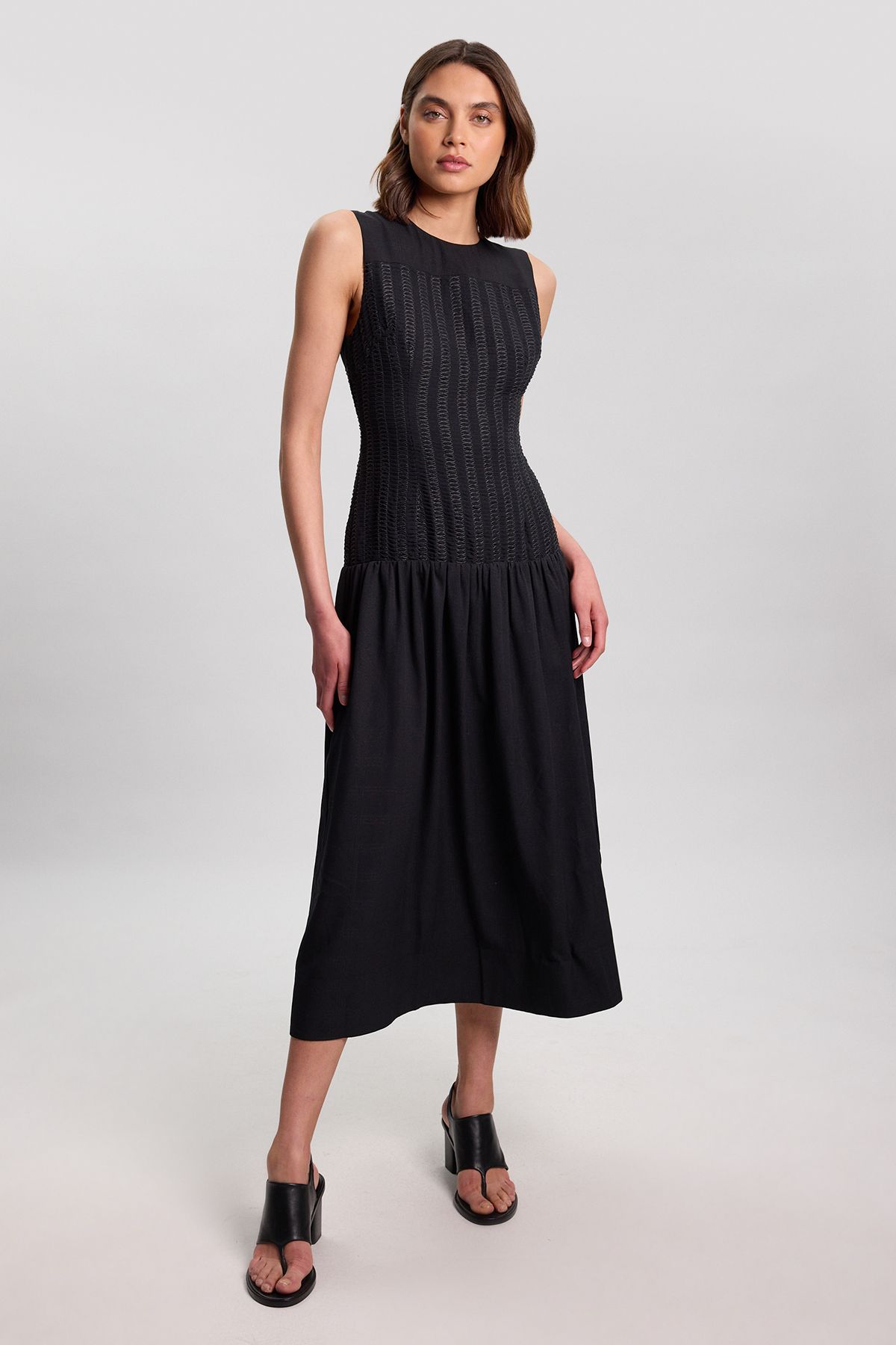KAREN MILLEN Textured Drop Waist Woven Midi Dress | endource