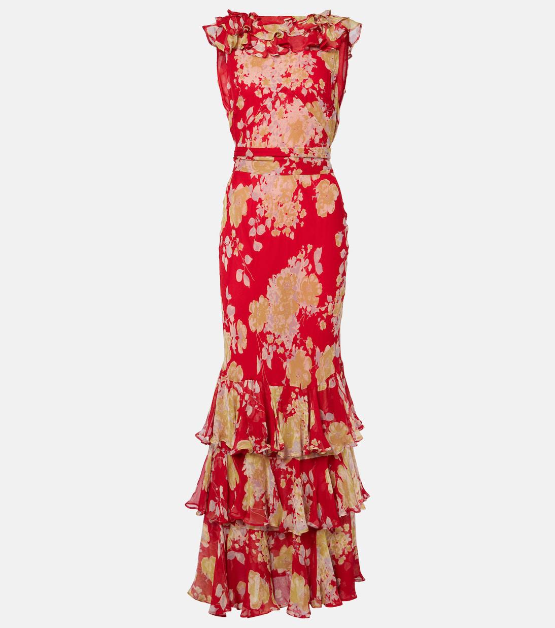 RIXO Rio Floral Ruffled Gown in Red | endource