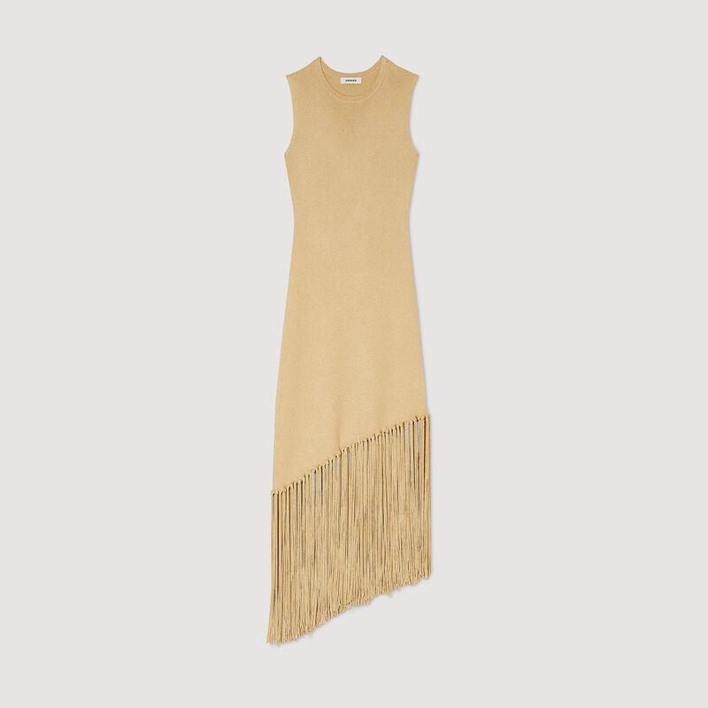SANDRO Asymmetrical Fringed Maxi Dress in Gold | Endource