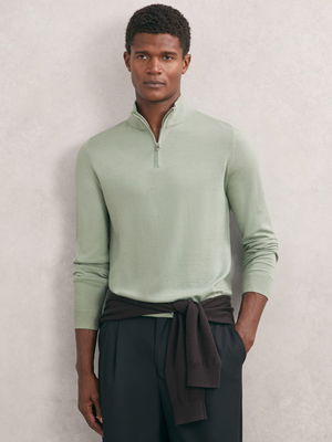 REISS Merino Wool Half-Zip Jumper In Light Sage Green | endource