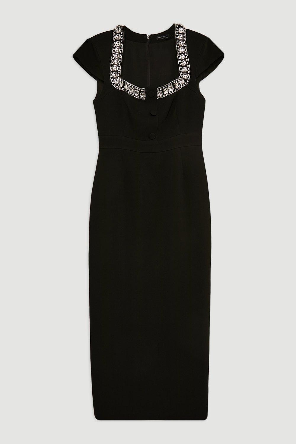 Karen Millen Tailored Embellished Cap Sleeve Midi Dress In Black Endource