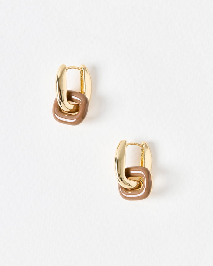 OLIVER BONAS Indie Gold & Brown Enamel Drop Hoop Earrings | endource