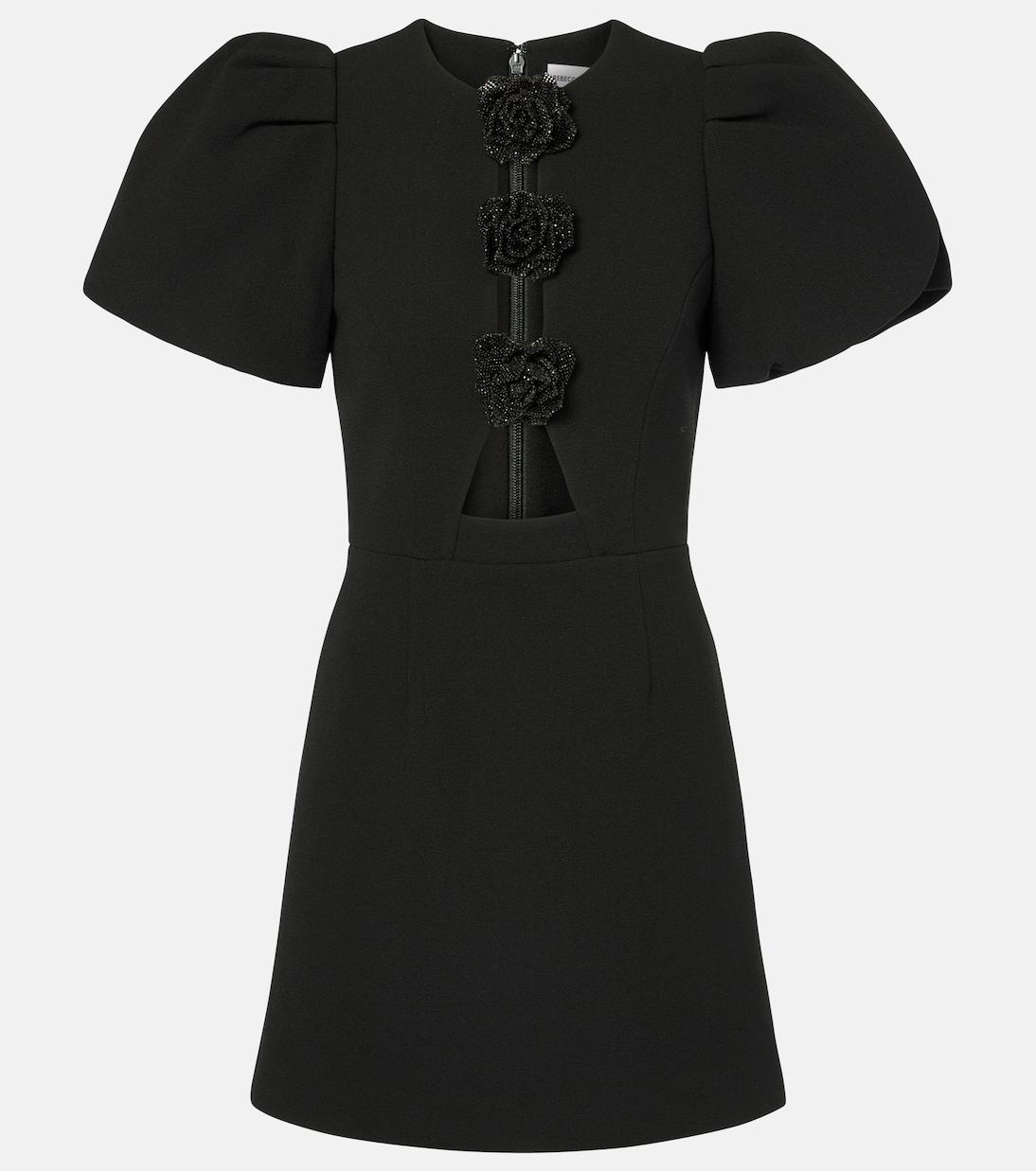 REBECCA VALLANCE Aubree Floral-Appliqué Crêpe Minidress in Black | endource