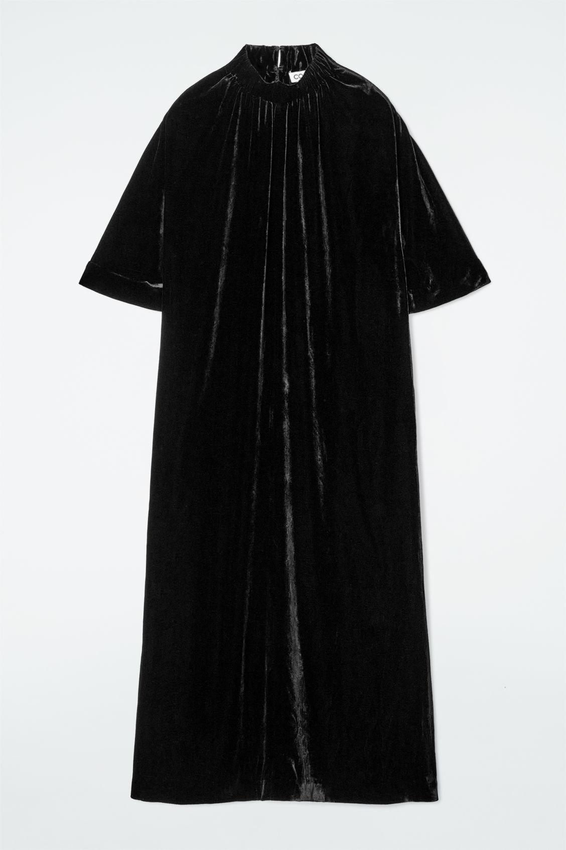 COS Gathered Silk-Blend Velvet Midi Dress in BLACK | endource