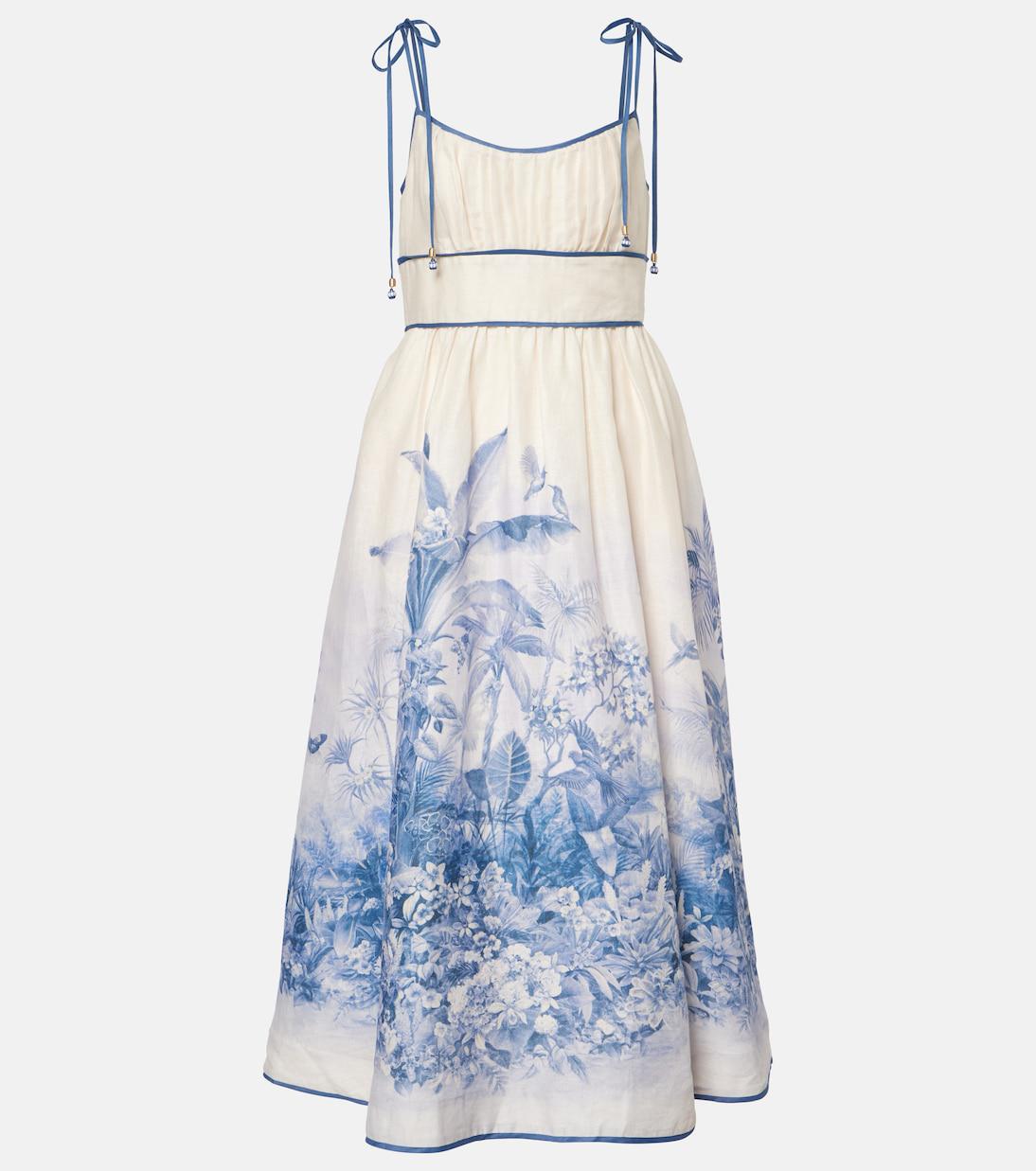 ZIMMERMANN Wylie Printed Linen Midi Dress in Blue | endource