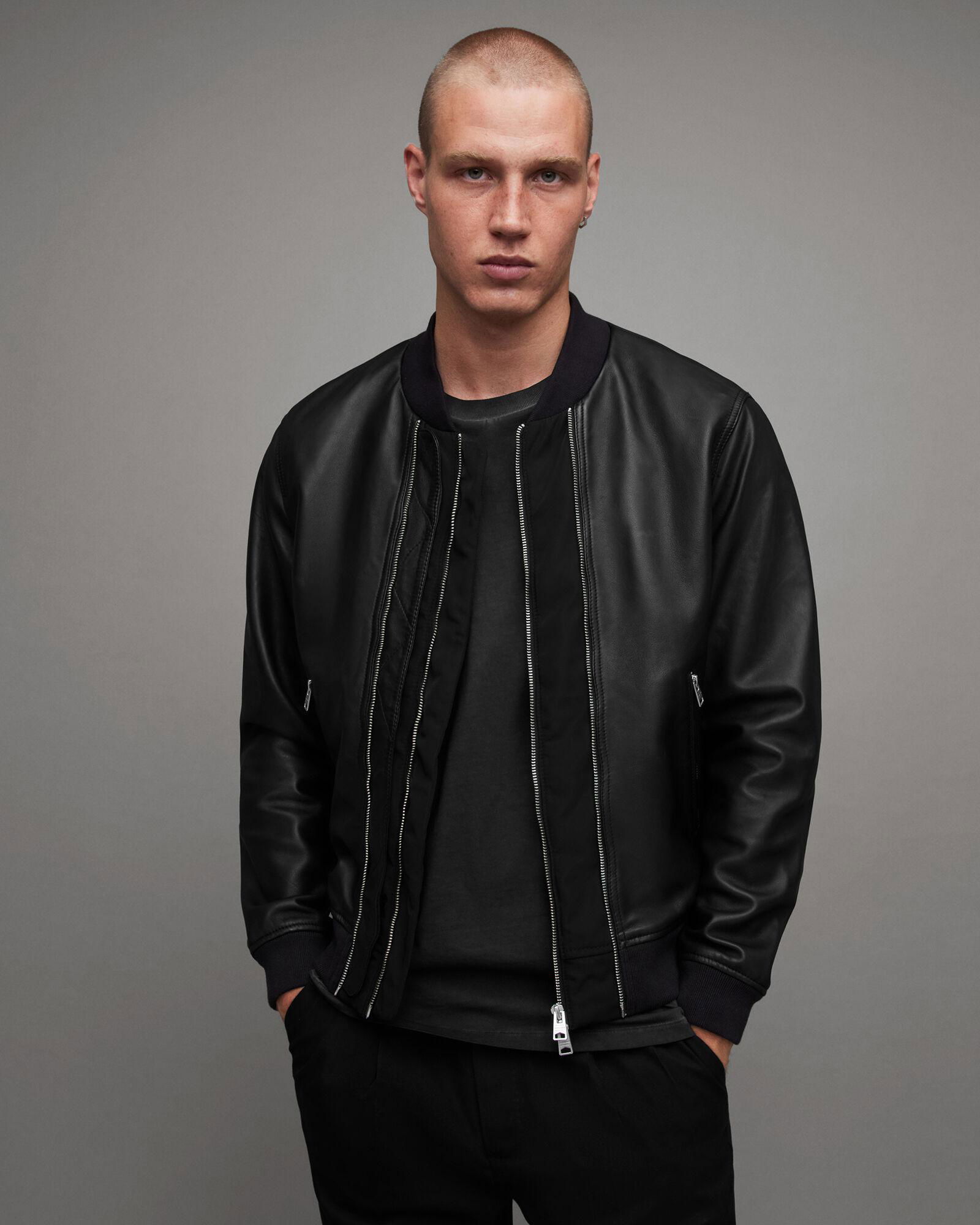 ALLSAINTS Valk Removable Hood Leather Bomber Jacket in Black | endource