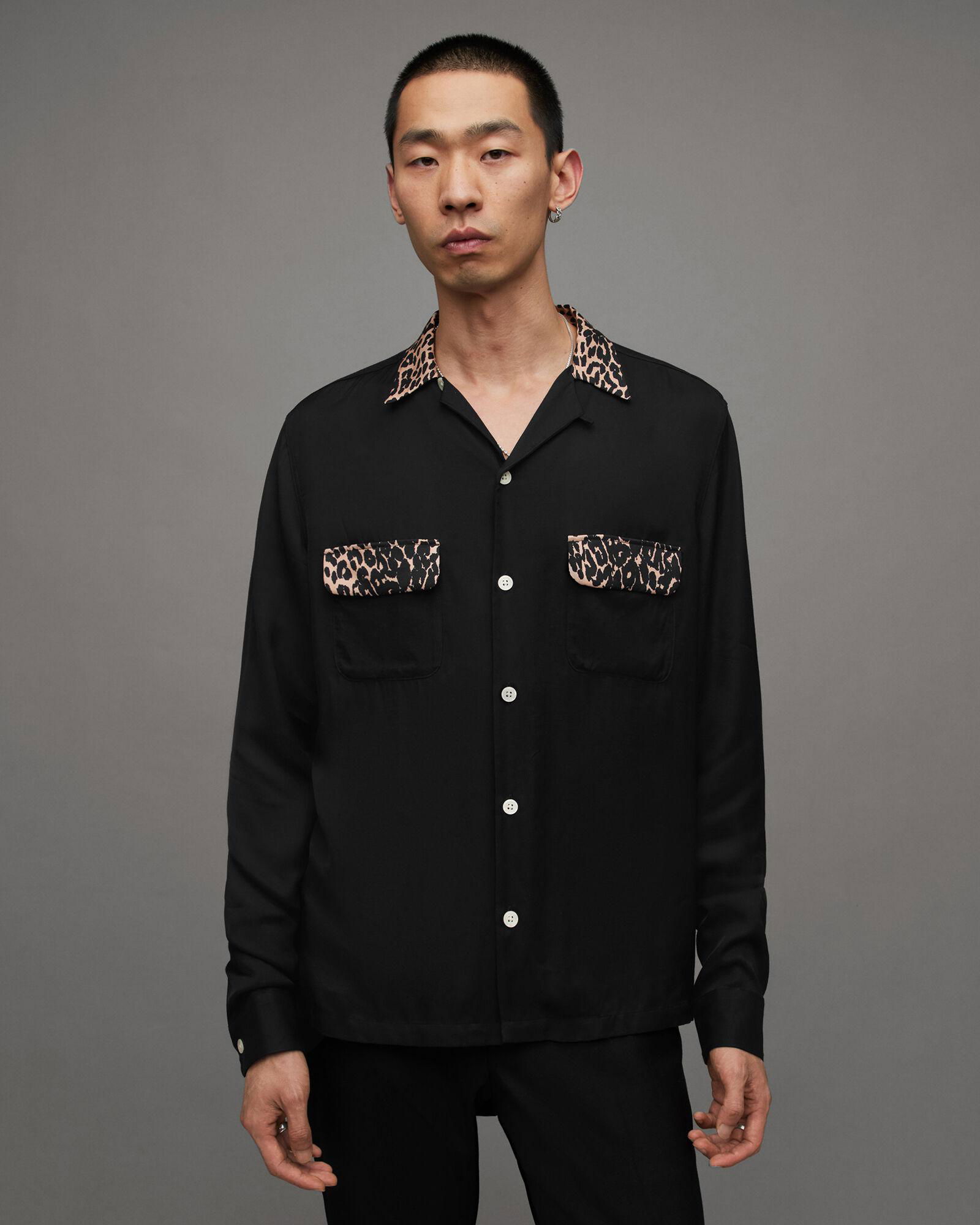 ALLSAINTS Stray Leopard Print Collar Shirt in Jet Black | endource