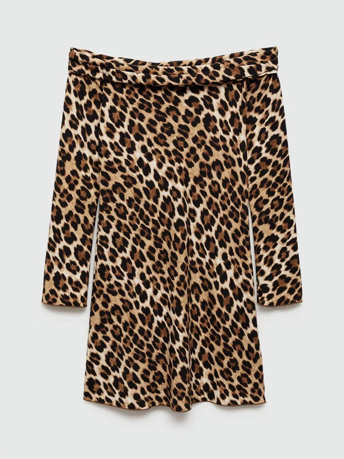 MANGO Stark Off Shoulder Leopard Print Mini Dress in Brown Multi | endource
