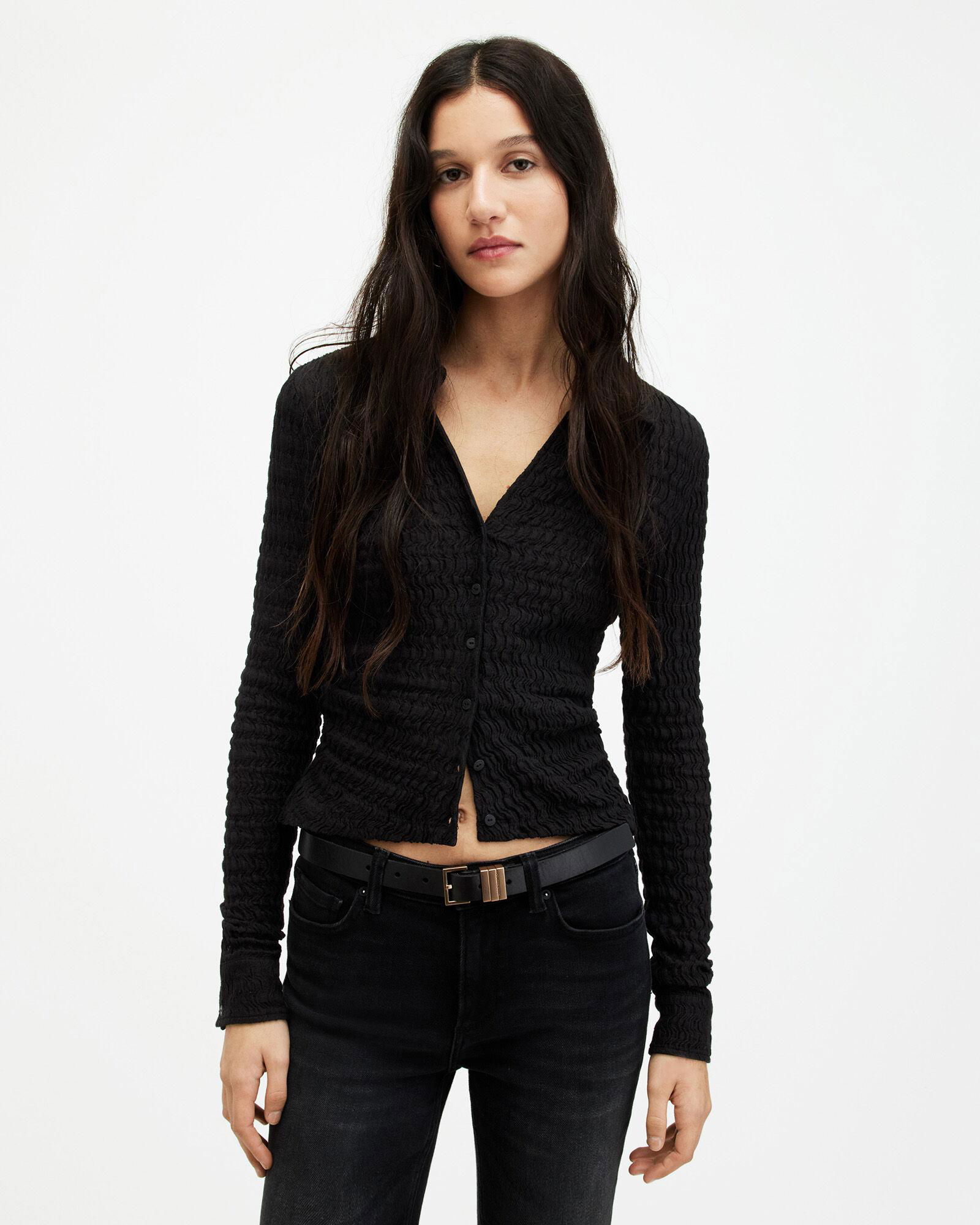 ALLSAINTS Connie Slim Fit Open Neck Shirt in Black | Endource
