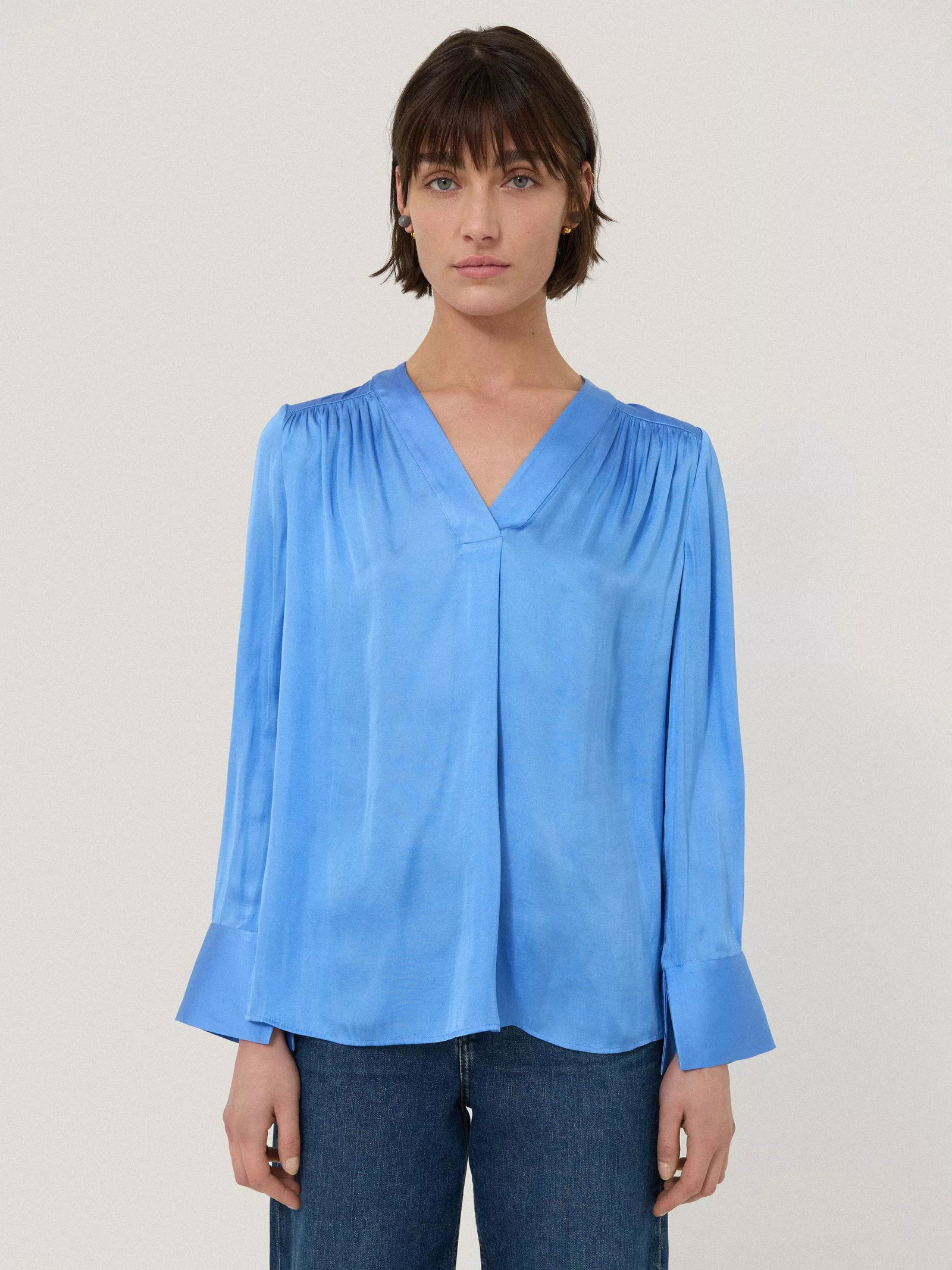 JIGSAW V-Neck Satin Tunic Top in Blue | endource
