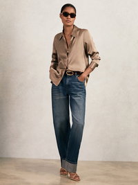 REISS Ameira Petite Silk-Satin Concealed-Placket Shirt In Taupe Brown ...
