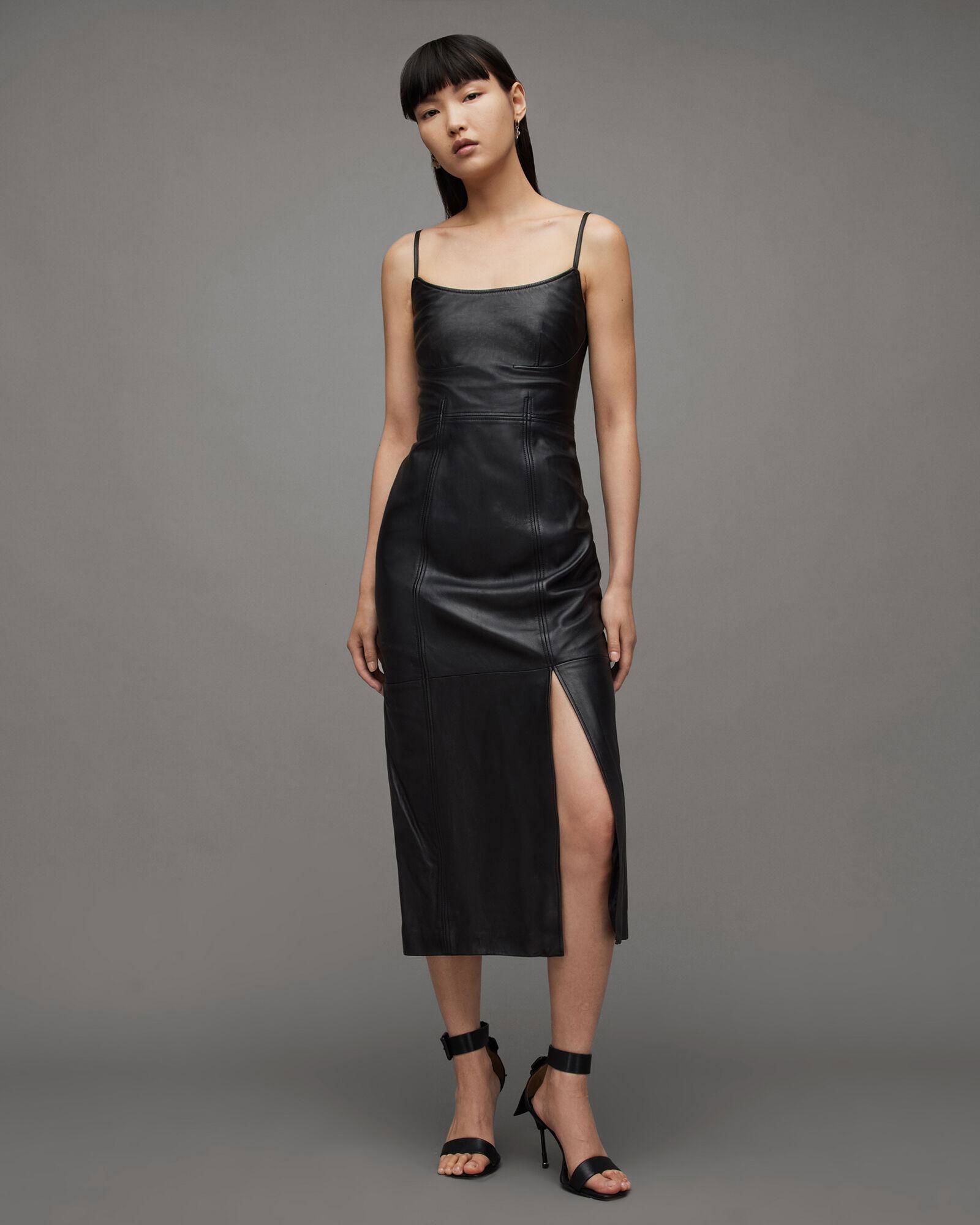 ALLSAINTS Norlene Side Split Leather Midi Dress in Black | Endource
