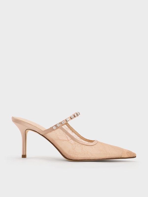 CHARLES & KEITH Lace & Satin Crystal Heeled Mules | endource
