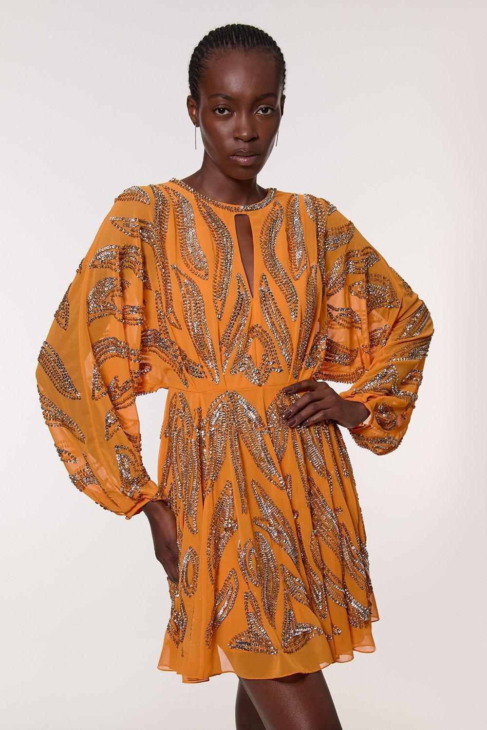 KAREN MILLEN Petite Kimono Sleeve Embellished Mini Dress in Mango ...