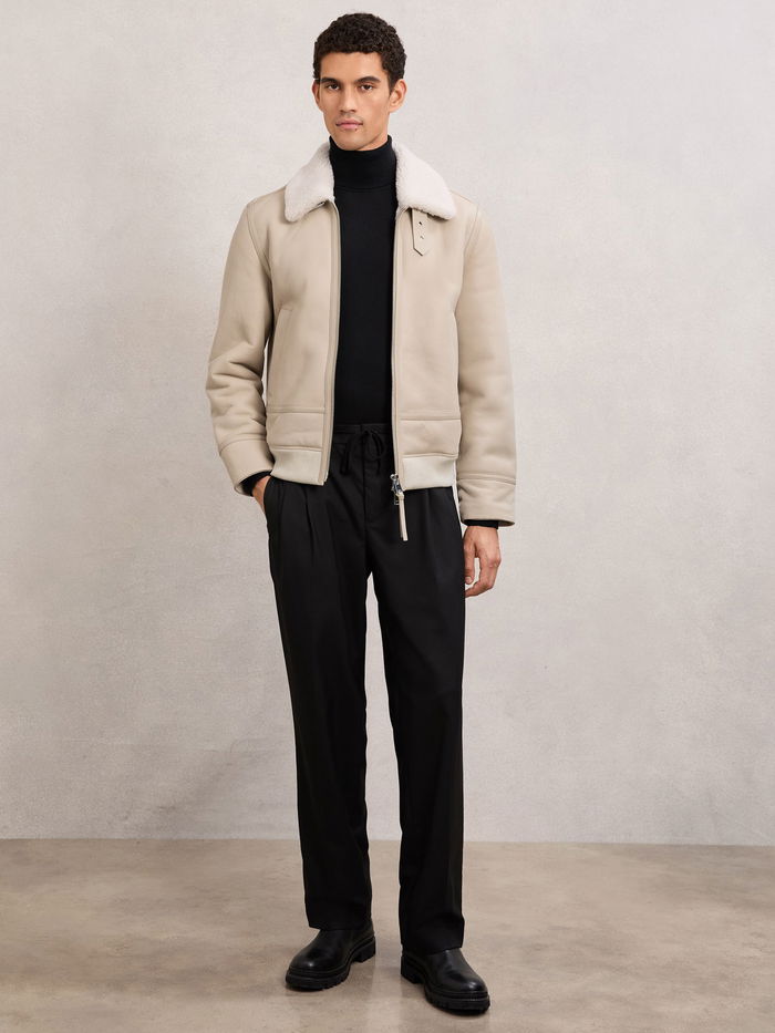 REISS Leather Shearling-Collar Jacket In Light Stone | endource