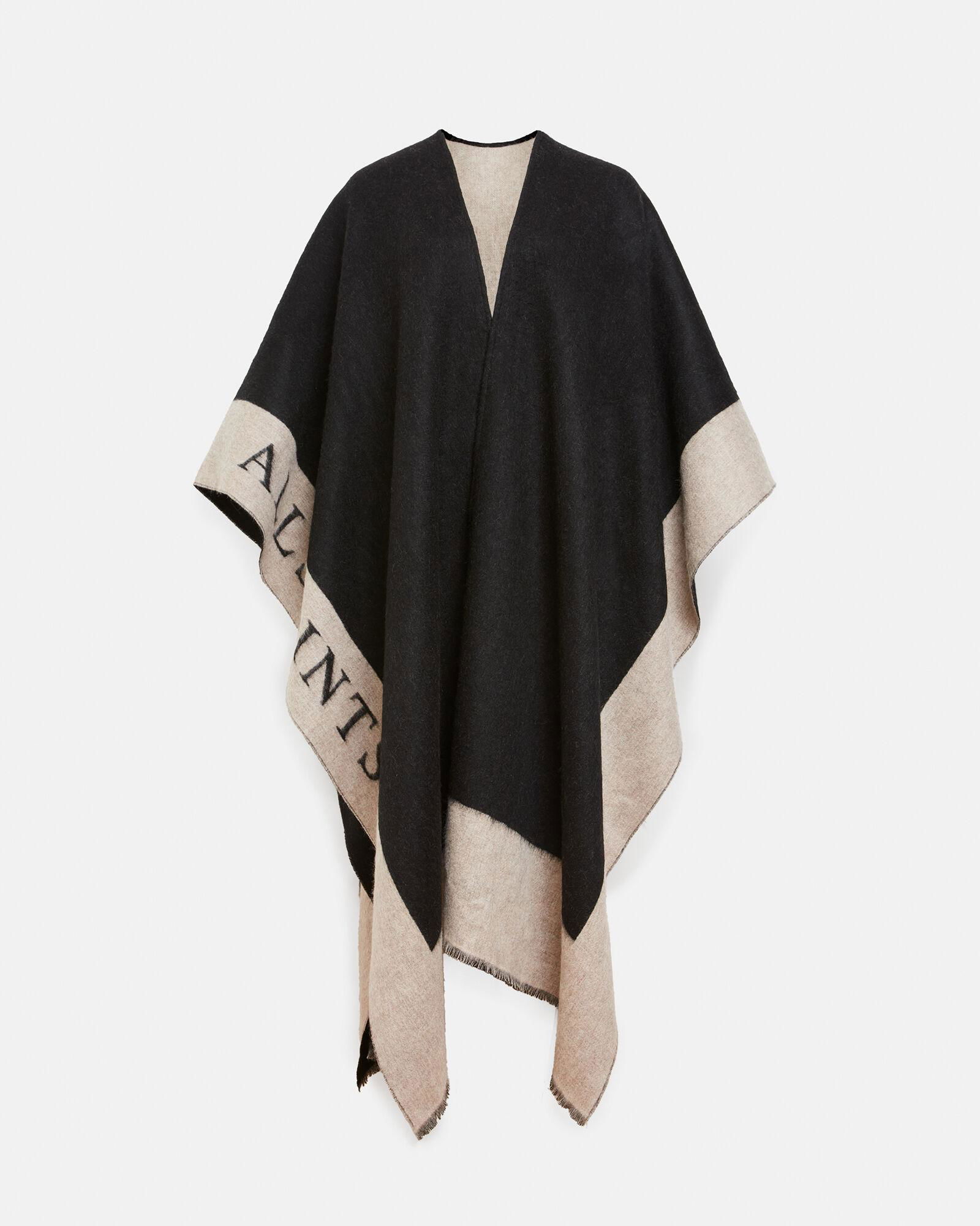 ALLSAINTS Saints Logo Border Ruana Max Scarf in BLACK/BARLEY | endource