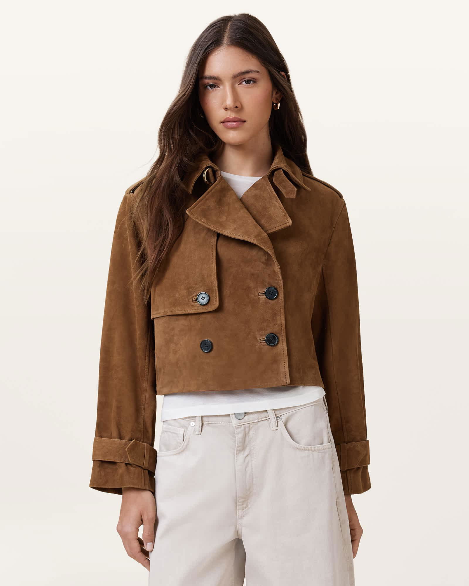 ALLSAINTS Hendry Cropped Suede Trench Coat in Sugar Brown | endource