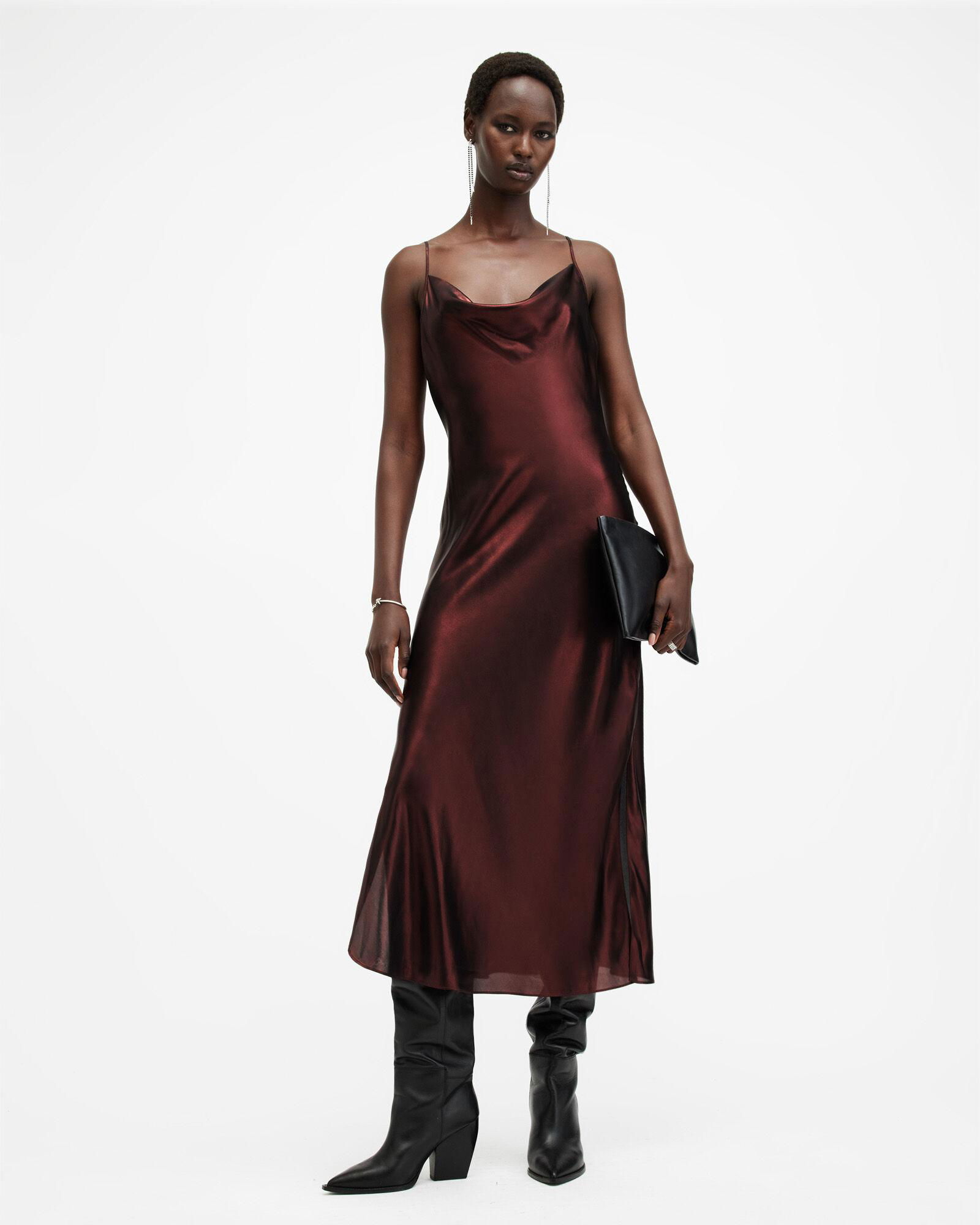 ALLSAINTS Hadley Metallic Midi Slip Dress in Metallic Red | endource