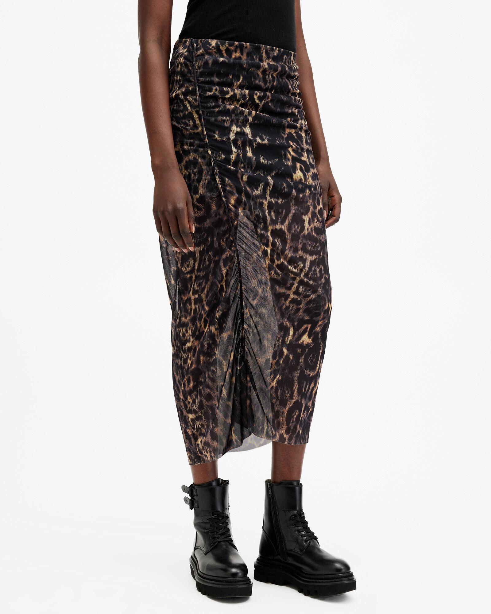 ALLSAINTS Nora Leopard Mesh Midi Skirt in Jinx Golden Brown | endource
