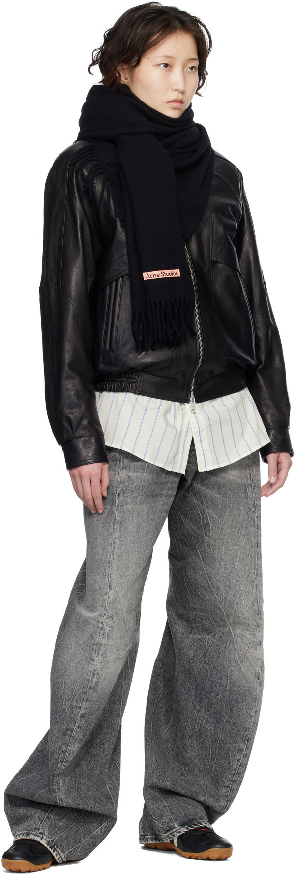 ACNE STUDIOS Black Fringe Wool Narrow Scarf | endource