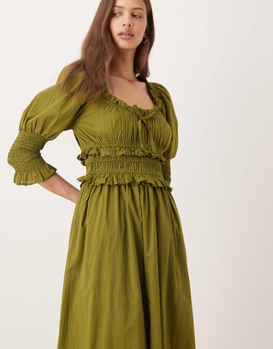 NOBODY'S CHILD Ariel Milkmaid Midi Dress In Olive Green | endource
