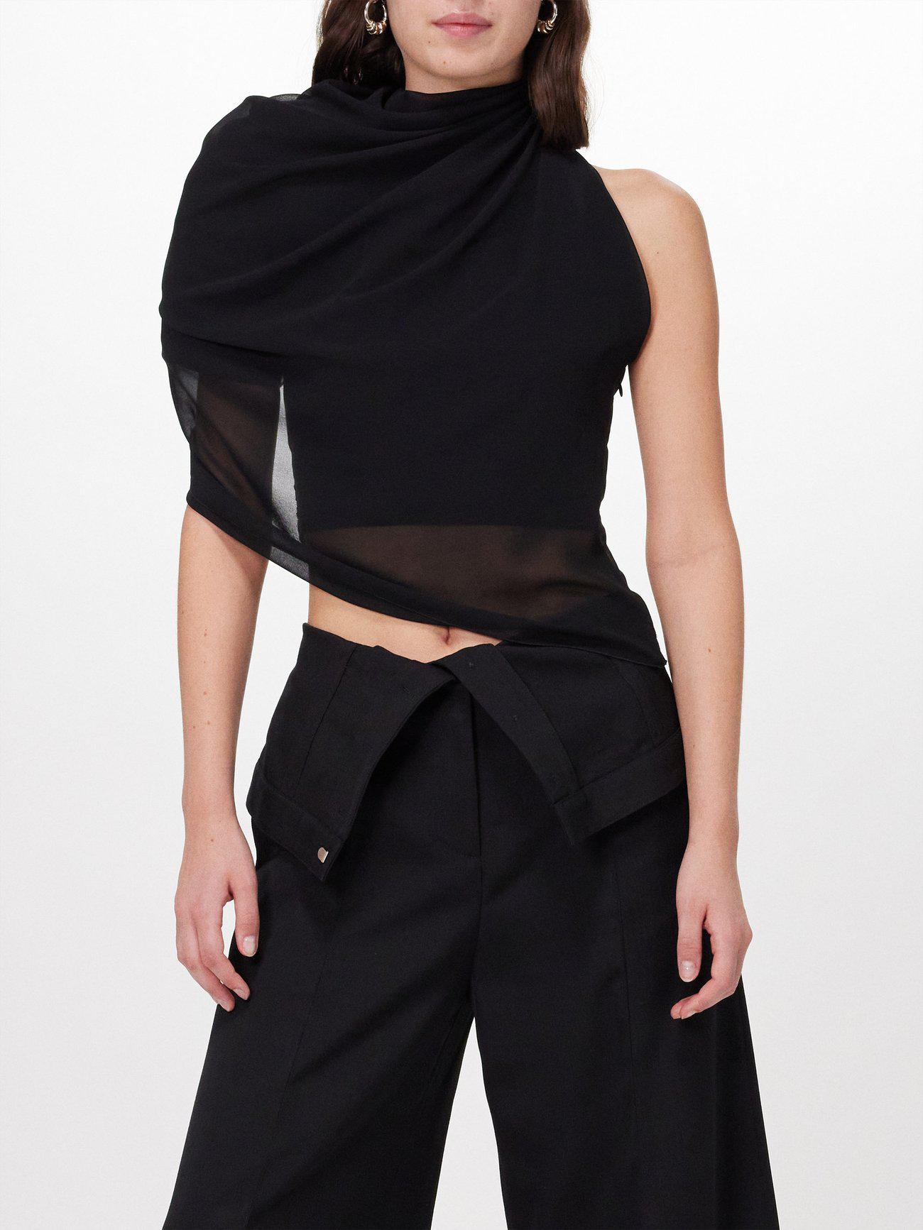 JACQUEMUS Pablo Asymmetric Tulle-Overlay Cropped Top in Black | endource