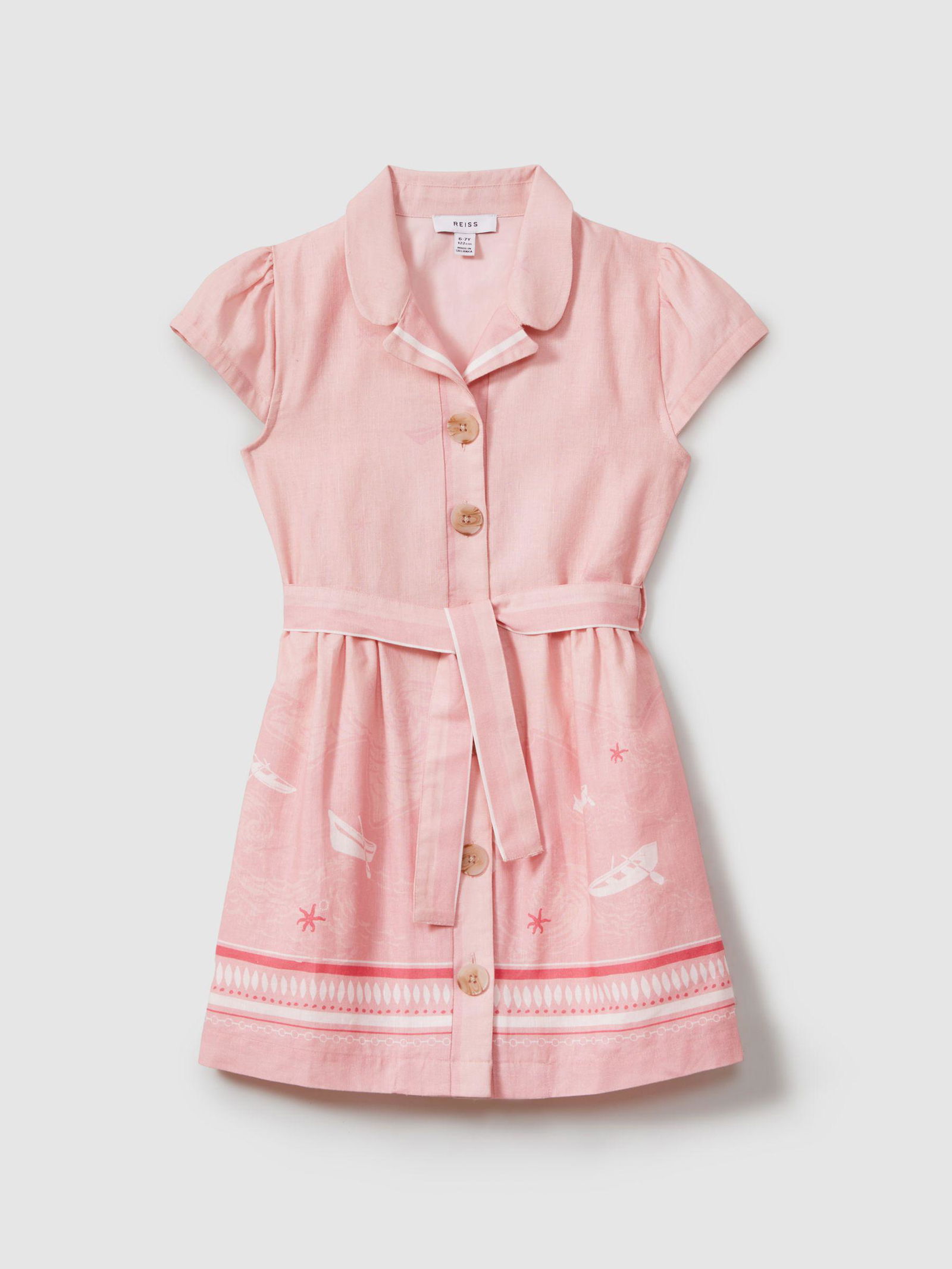 REISS Eliza Cotton Linen Capped Sleeve Belted Dress in Pink Print ...