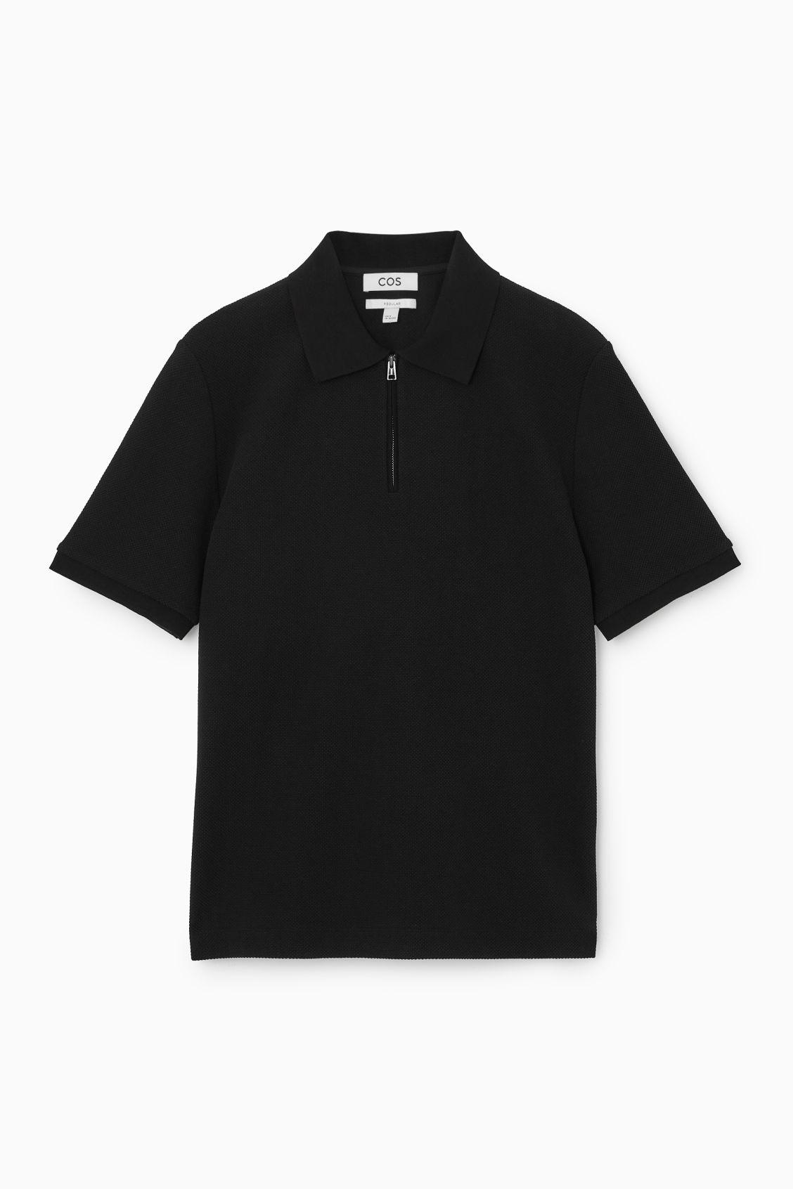 COS Short-Sleeved Zip-Up Polo Shirt in BLACK | endource