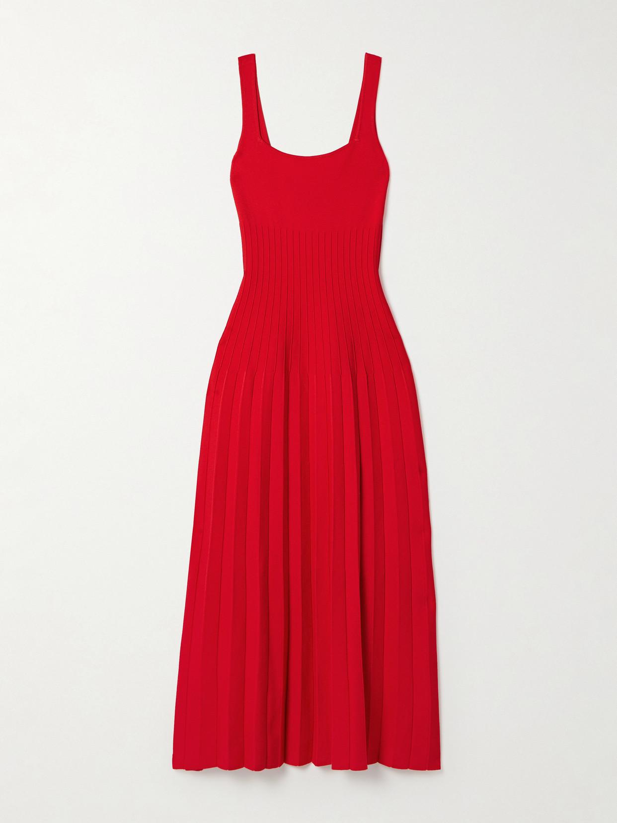 STAUD Ellison Pleated Ribbed-Knit Midi Dress in Red | Endource