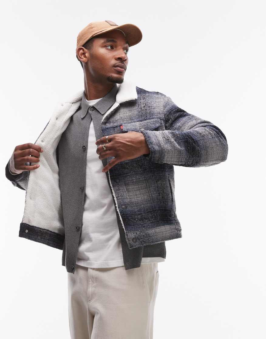 LEVI'S Type 3 Check Sherpa Borg Lined Trucker Jacket in grey | endource