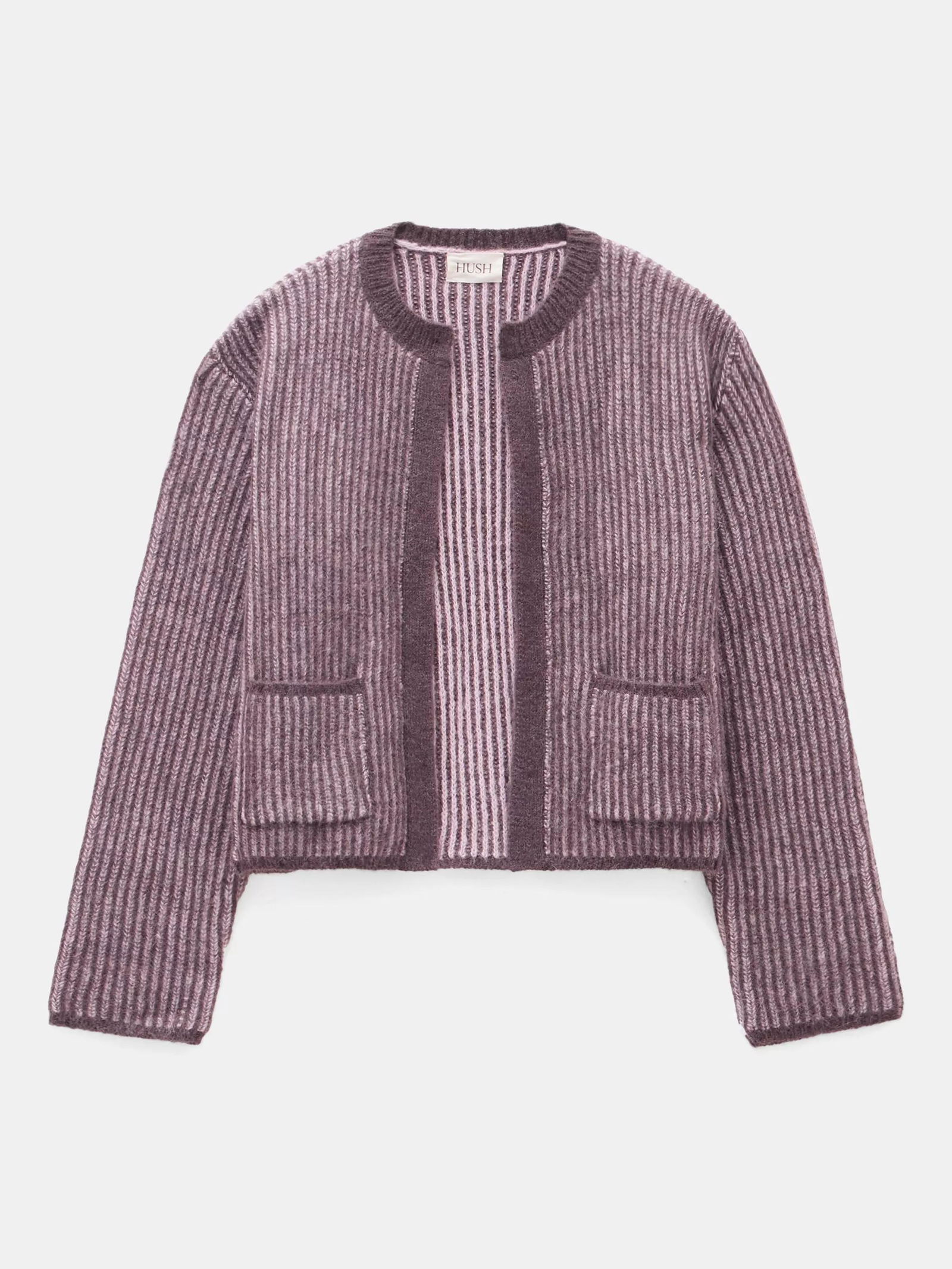 HUSH Opal Wool Rich Tonal Stripe Cardigan in Pink/Raisin Brown | endource