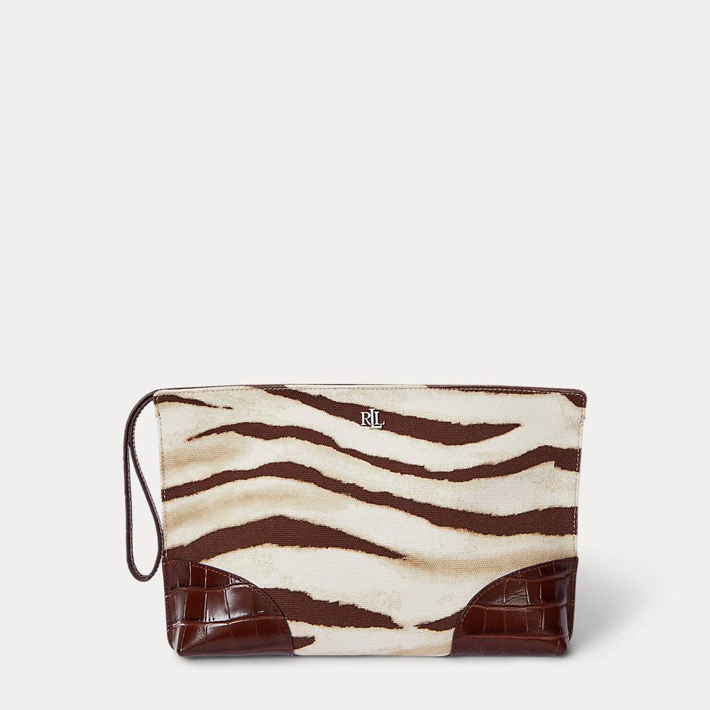LAUREN RALPH LAUREN Zebra-Print Canvas & Leather Large Pouch in Brown ...