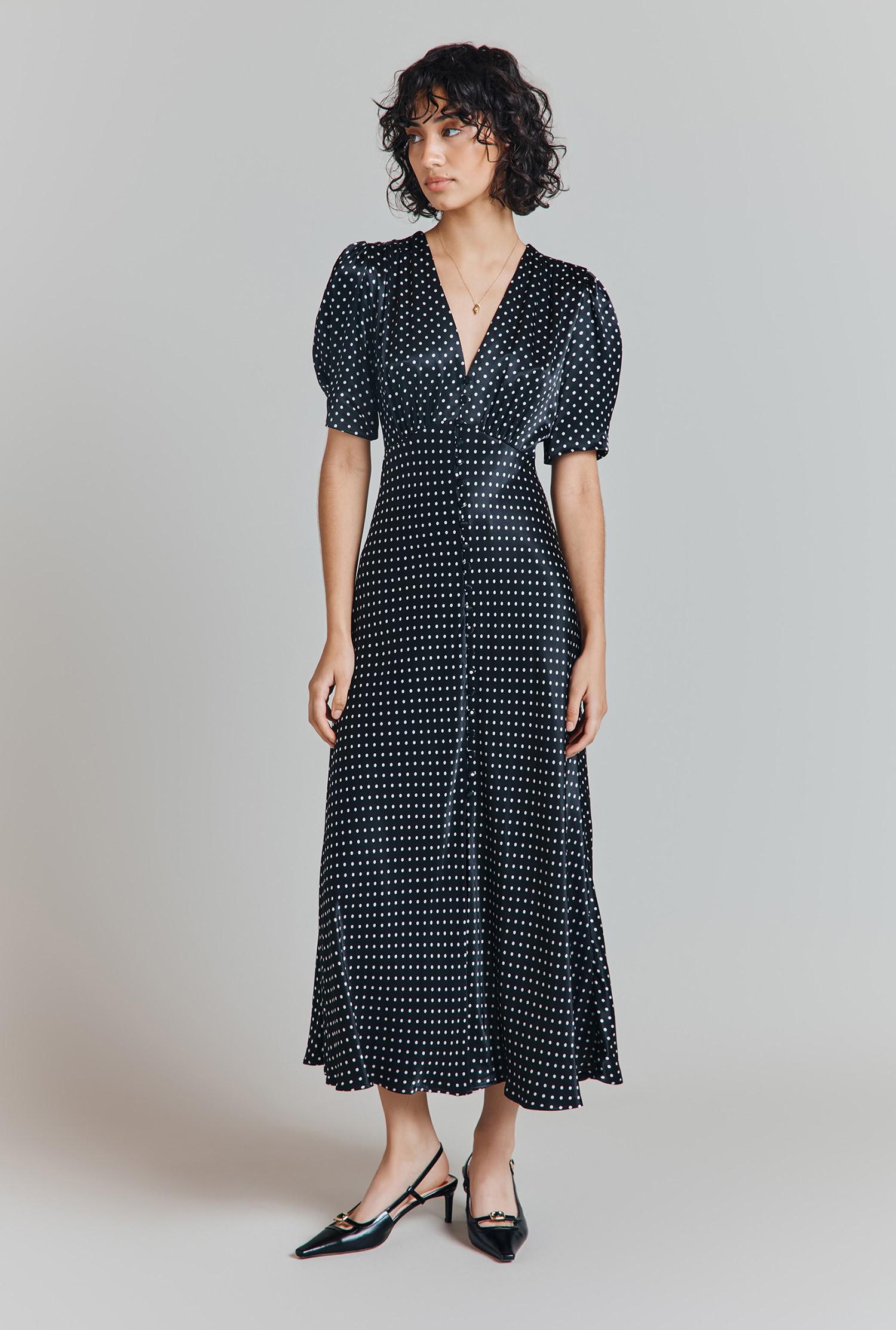 GHOST Madison Spot Satin Midi Dress | endource