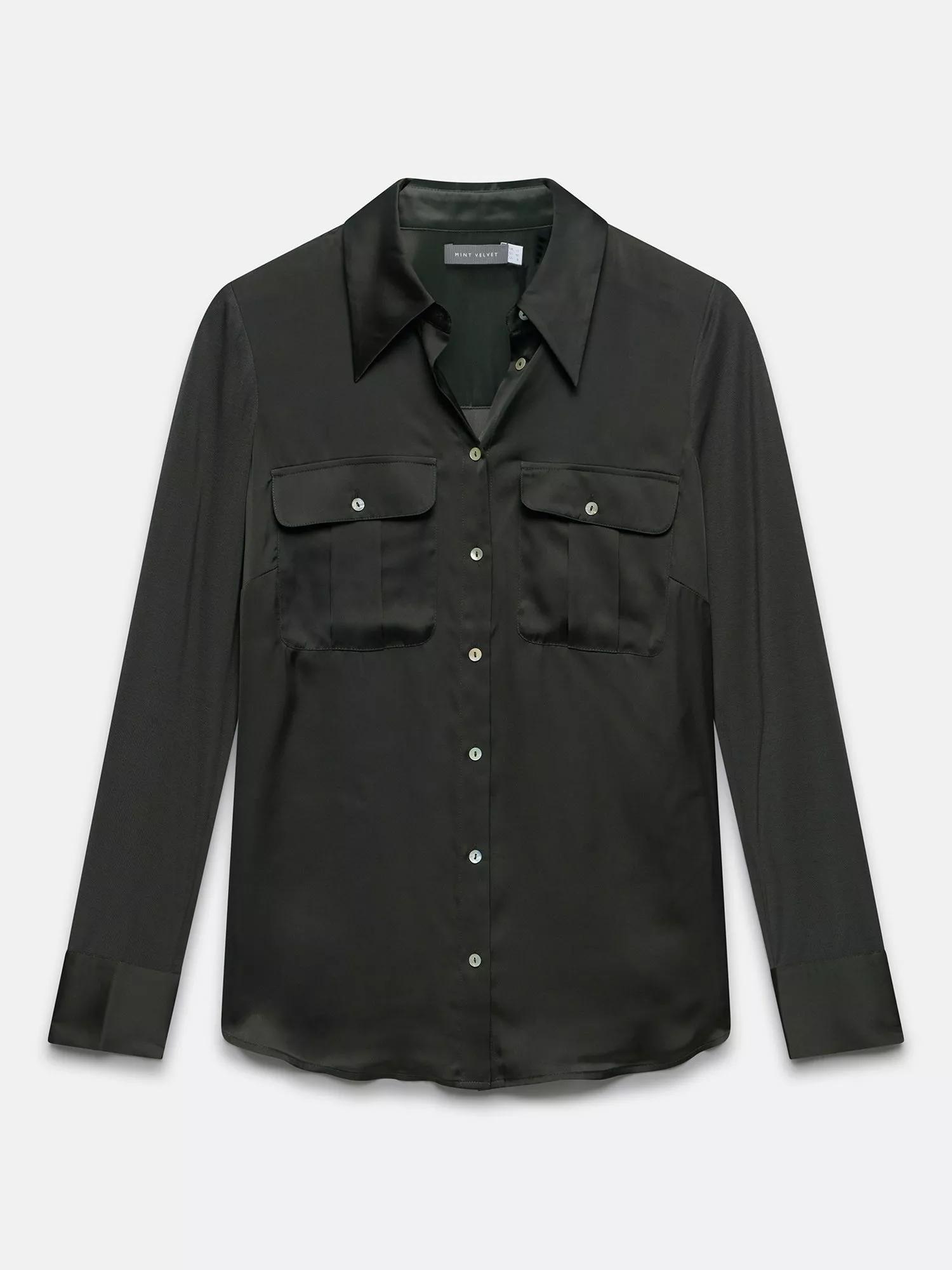 MINT VELVET Satin Utility Shirt in Khaki | endource
