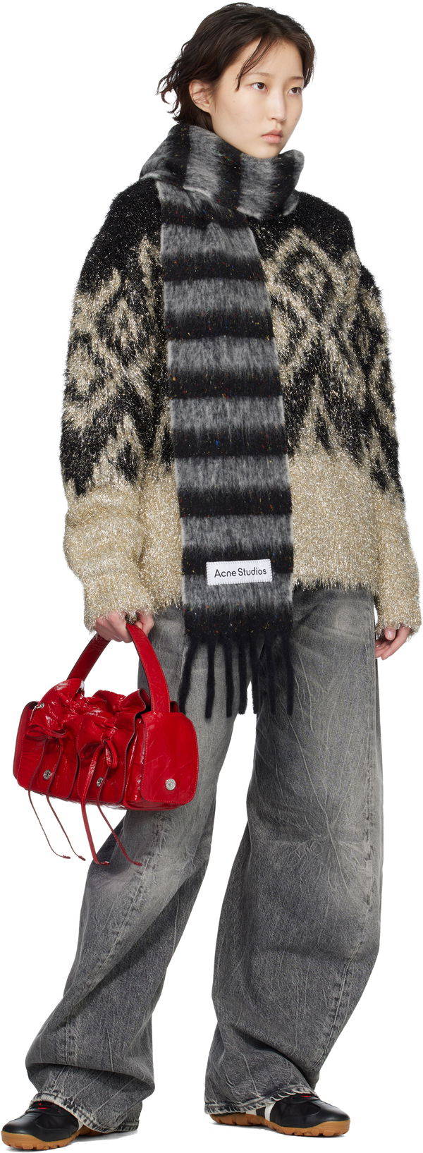 ACNE STUDIOS Black & Gray Fringed Wool Skinny Scarf | endource
