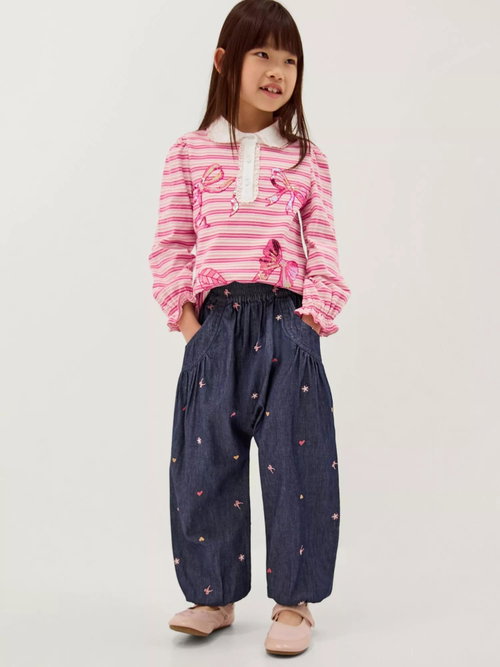 Monsoon Kids' Embroidered Chambray Cuffed Trousers, Blue | endource