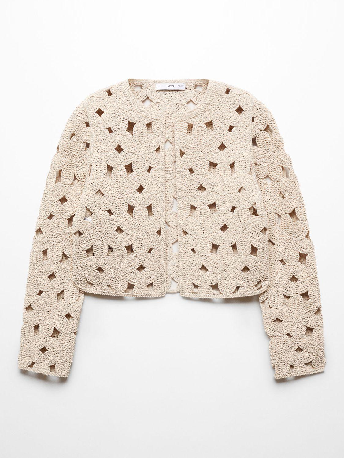 MANGO Isabel Crochet Openwork Cropped Jacket in Light Pastel Grey ...